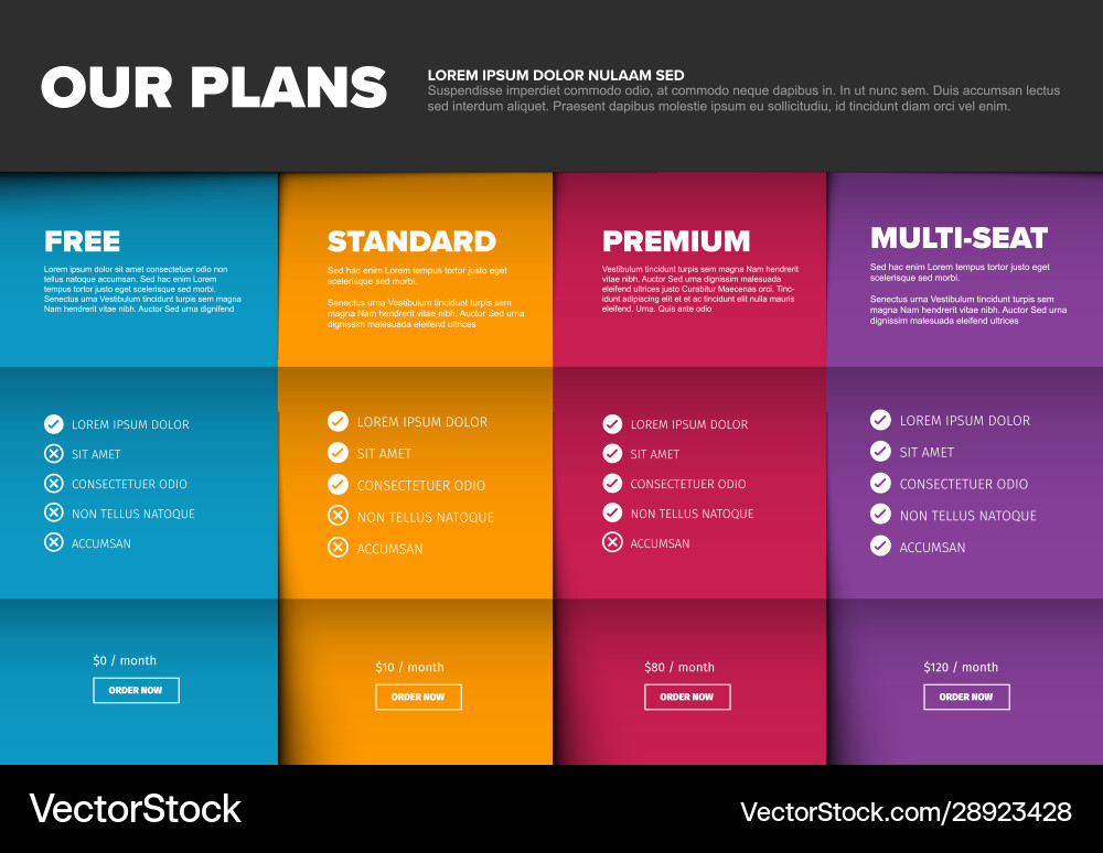 Products versions feature and price list table Vector Image