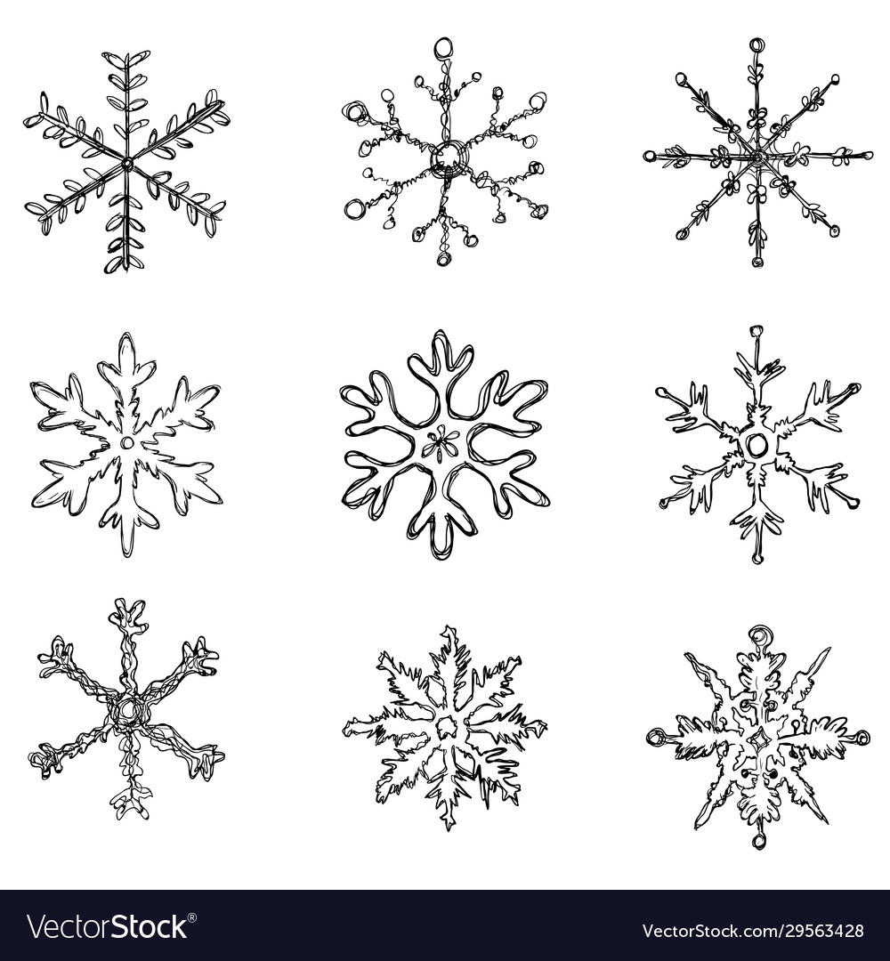 Set black sketch snowflakes on white background Vector Image