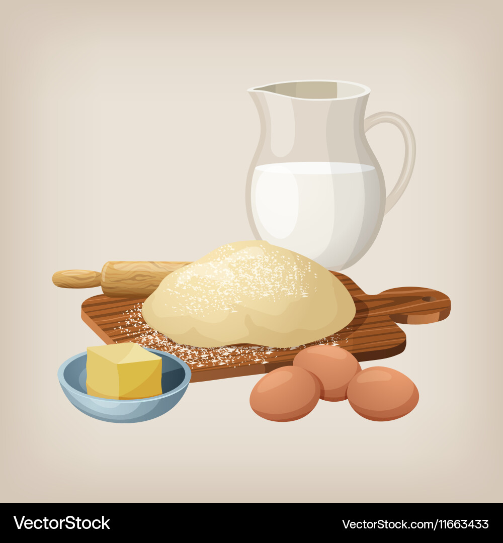 Dough on the board with a rolling pin eggs Vector Image