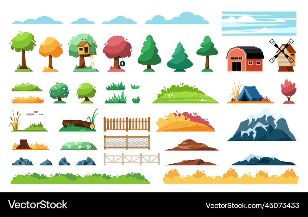 Landscape constructor rural houses trees bushes Vector Image