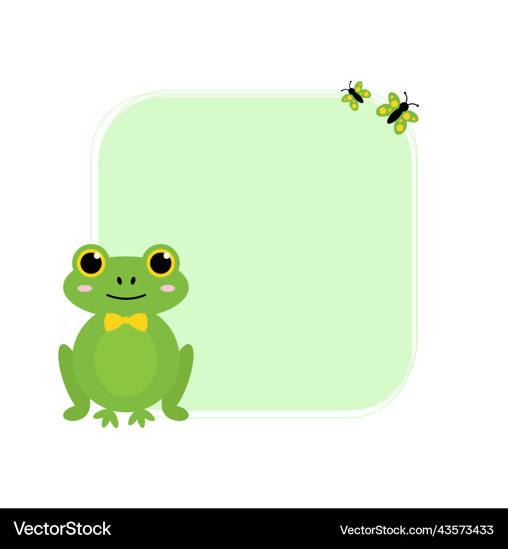 Square frame with green frog character and butterf