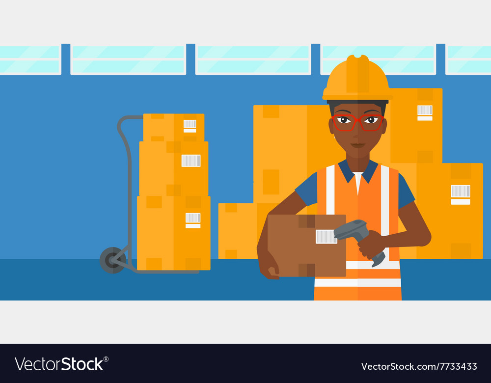 Worker checking barcode on box Royalty Free Vector Image