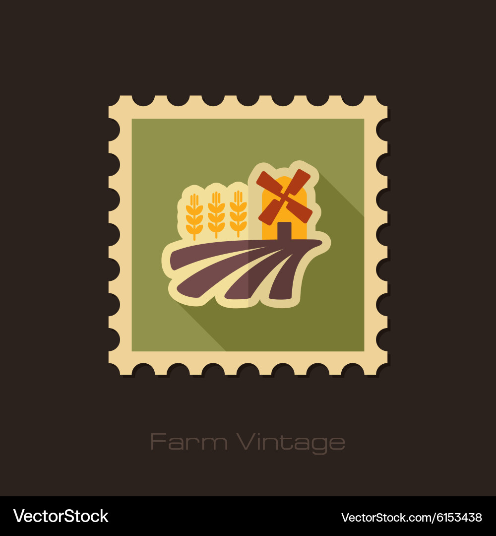Field with a mill and wheat retro flat stamp Vector Image