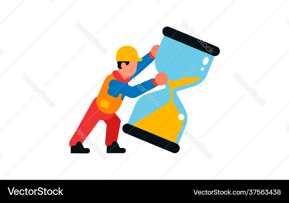Worker pushing an hourglass builder and hourglass Vector Image