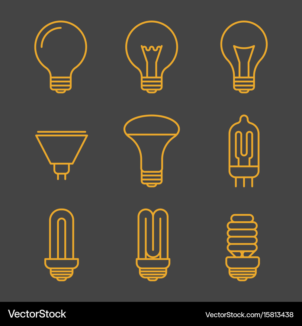 Yellow light bulbs outline icons Royalty Free Vector Image