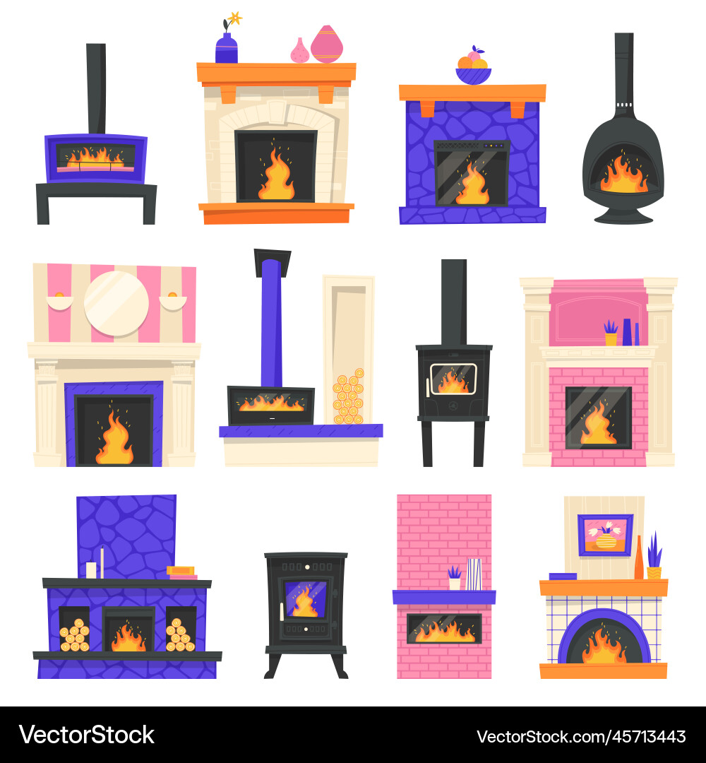 Fireplaces flat icons set home interiors Vector Image