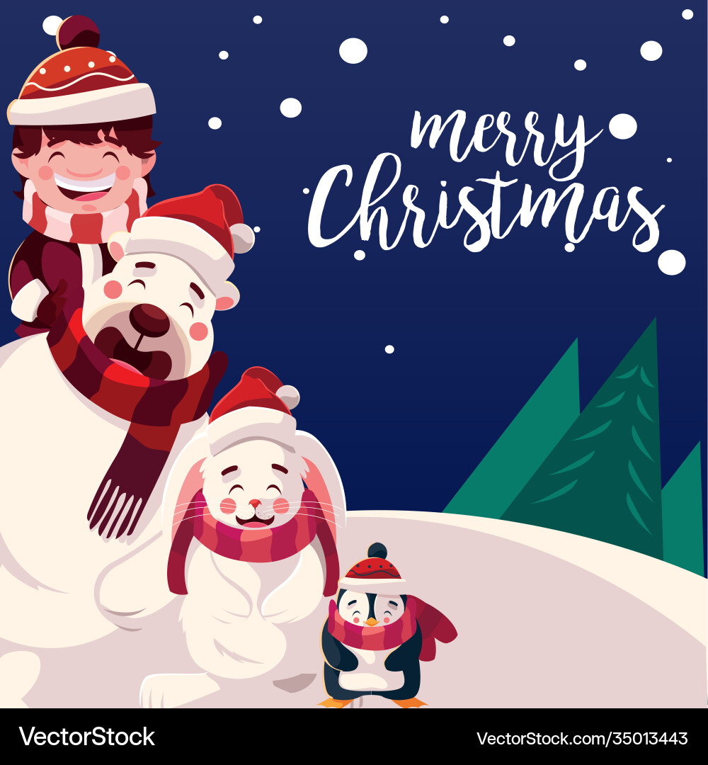 Merry christmas boy bear penguin and rabbit Vector Image