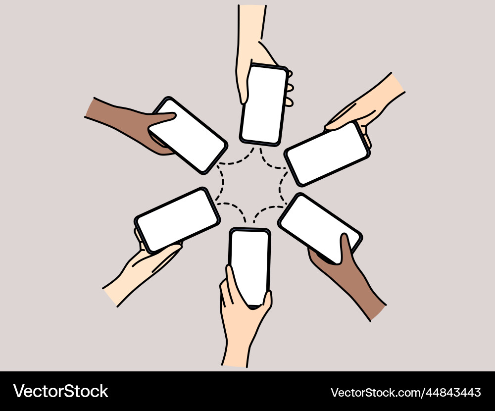 People hands in circle holding smartphones Vector Image