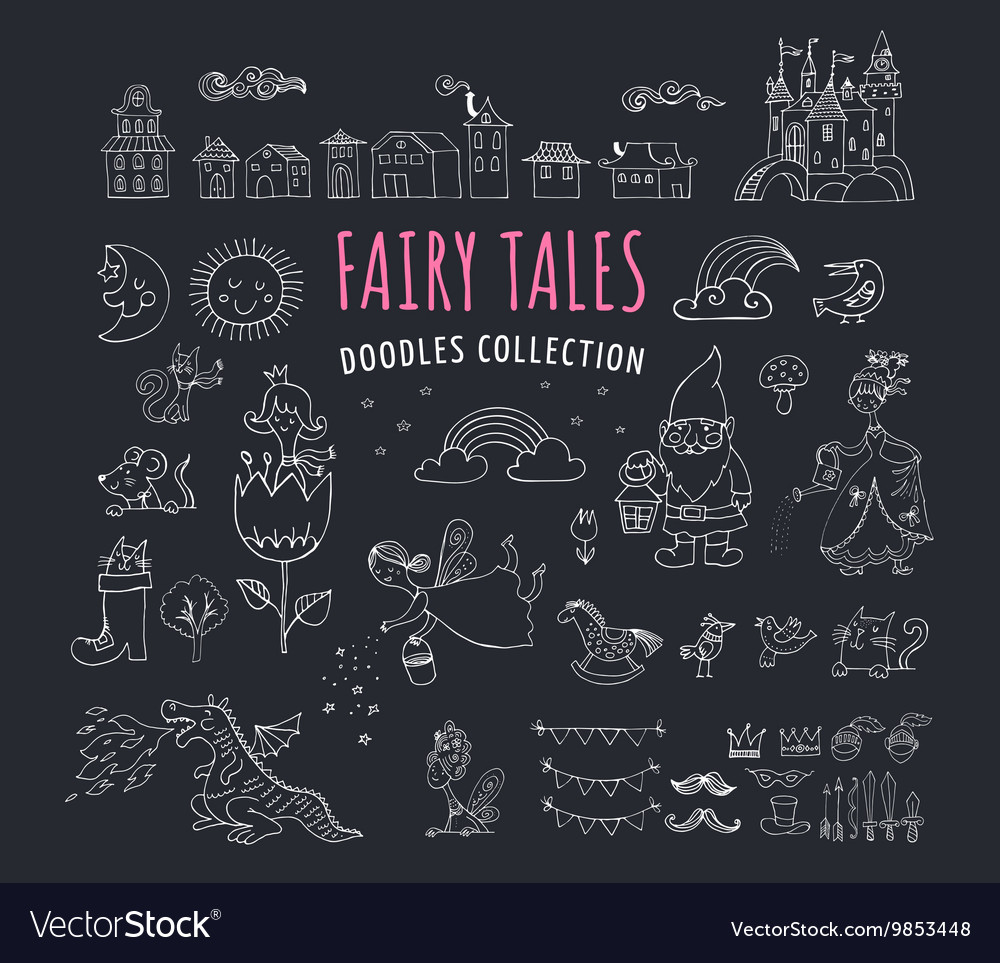 Collection of fairy tales hand drawn doodles Vector Image