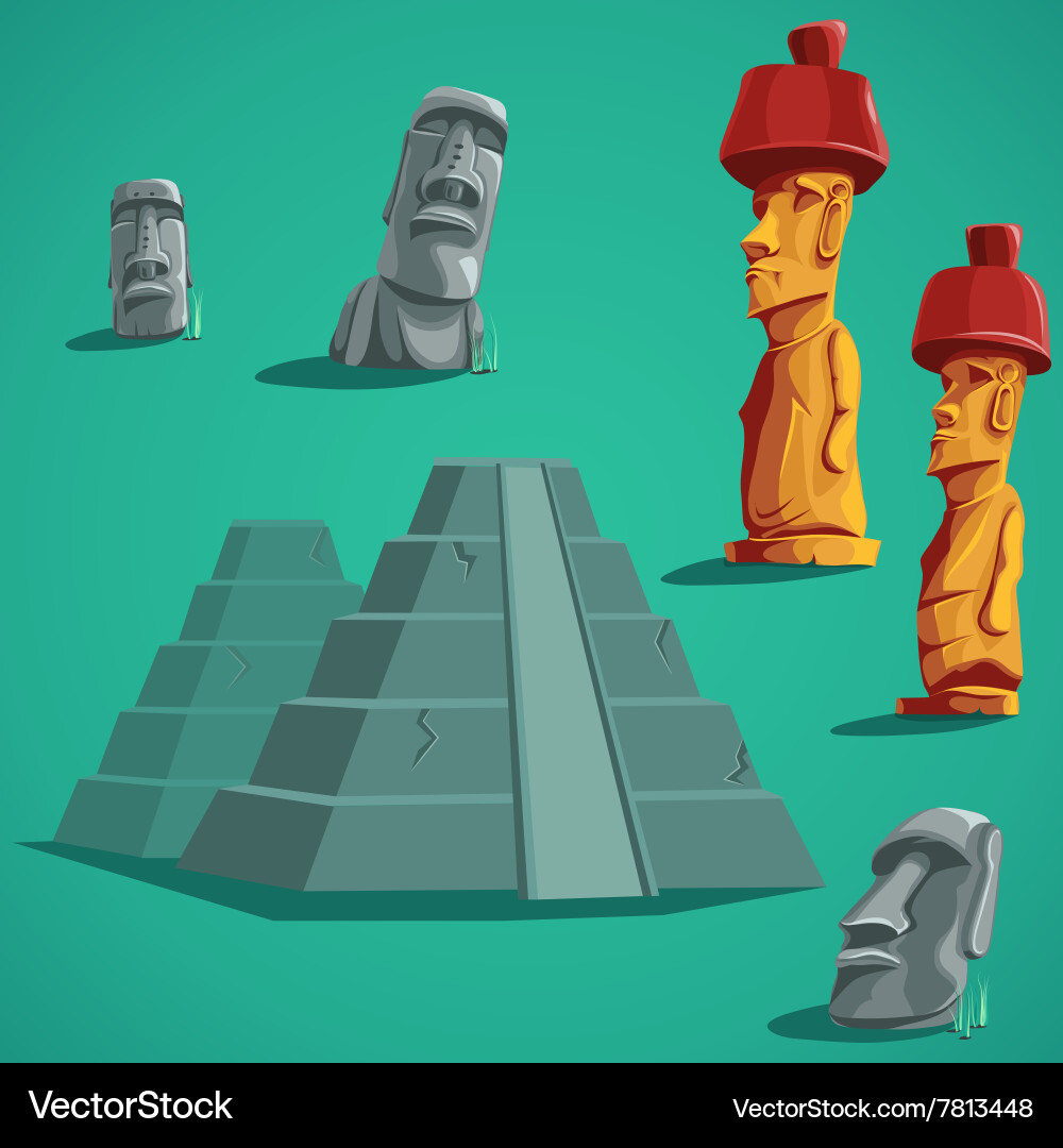 Set isolated elements of stones statues pyramids Vector Image