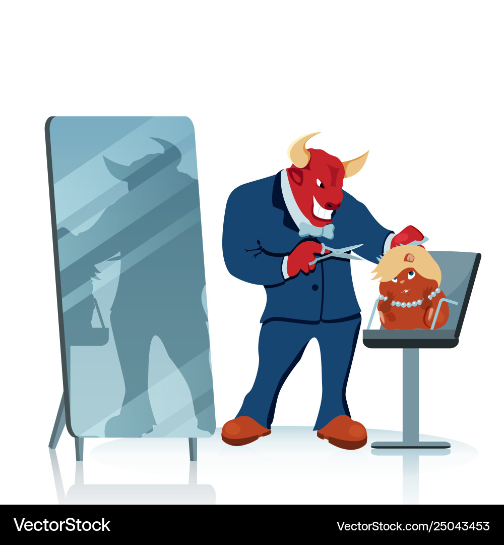 Bull shears hamster sits chair looking mirror Vector Image
