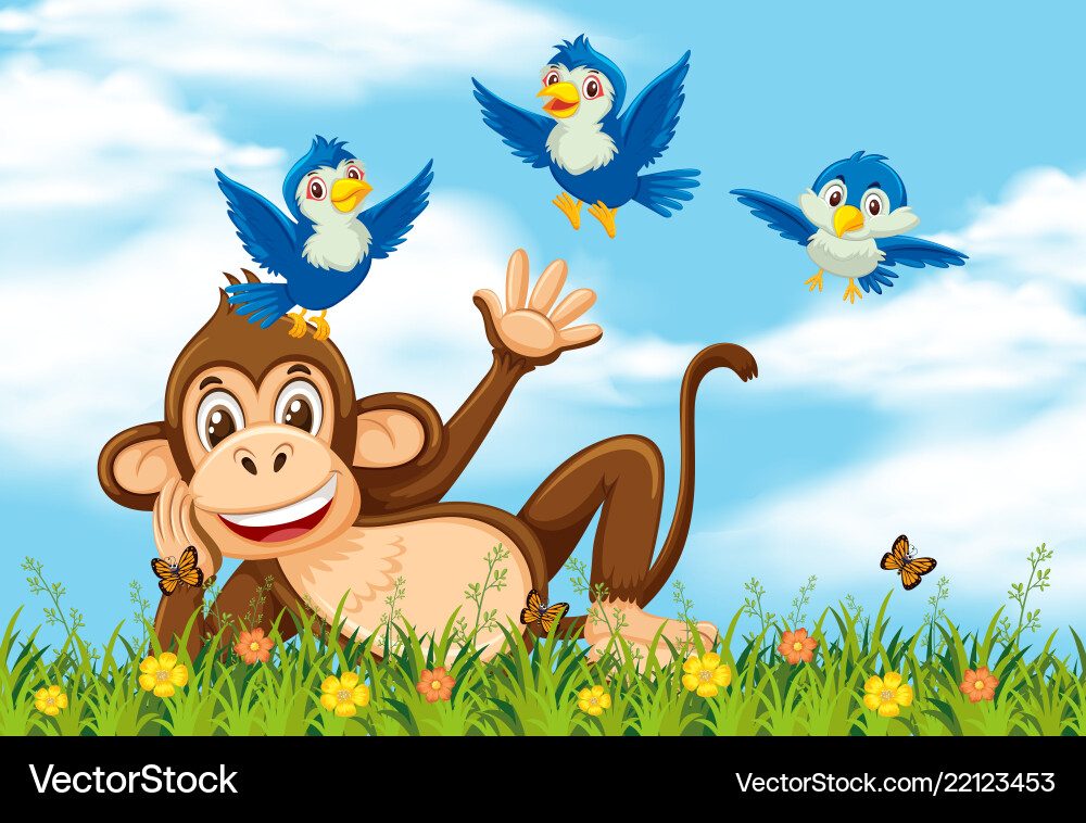 Happy monkey and bird in nature Royalty Free Vector Image