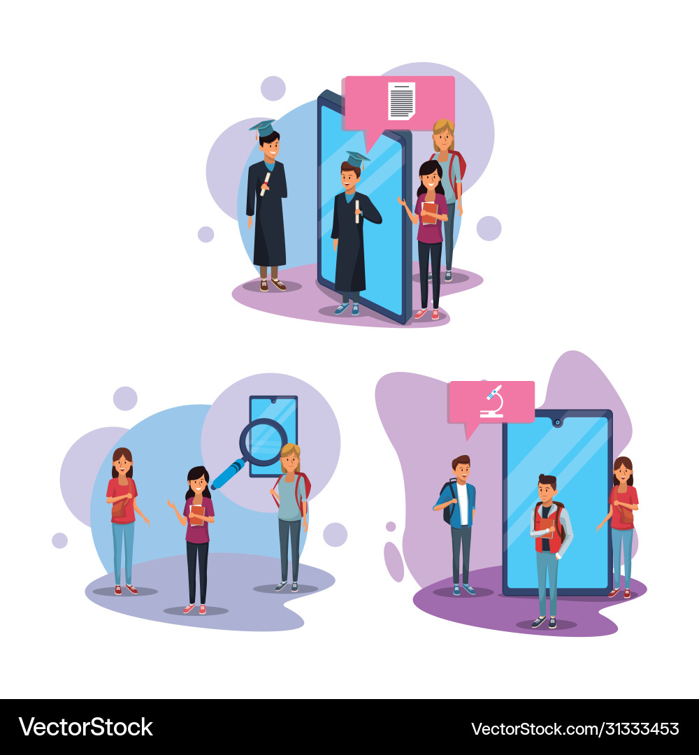 Online education tech with students and gadgets Vector Image