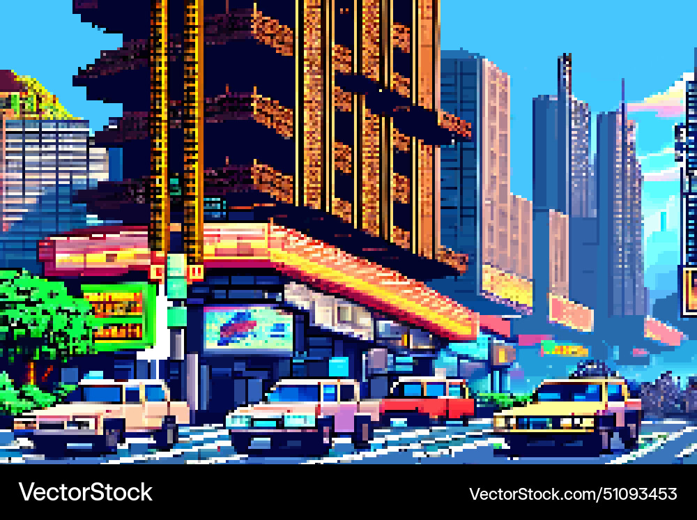 Pixel art background urban landscape Royalty Free Vector