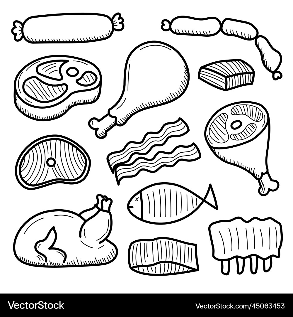Set of meat with doodle style Royalty Free Vector Image