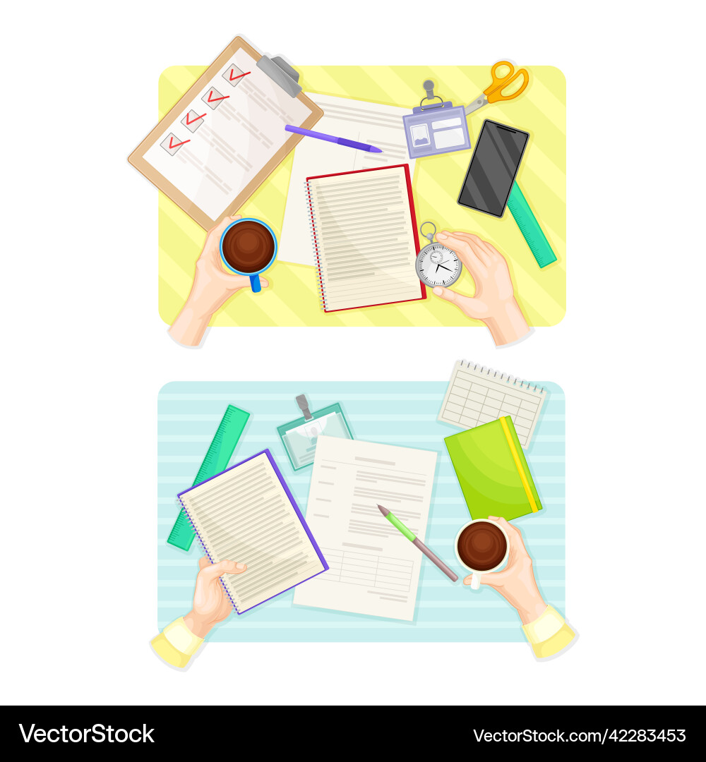 Top view of hands writing on paper documents set Vector Image