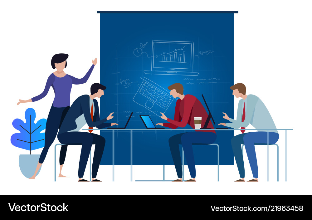 Blue-print team working as on laptop concept Vector Image