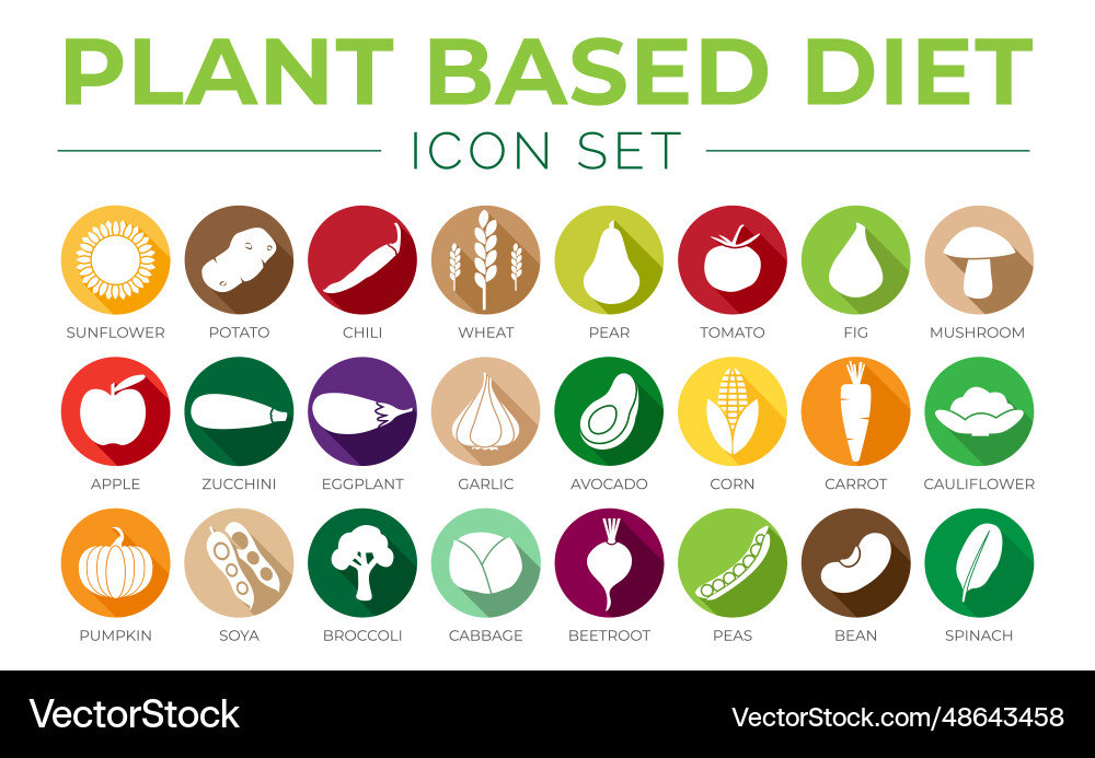Colorful plant based diet round icon set Vector Image