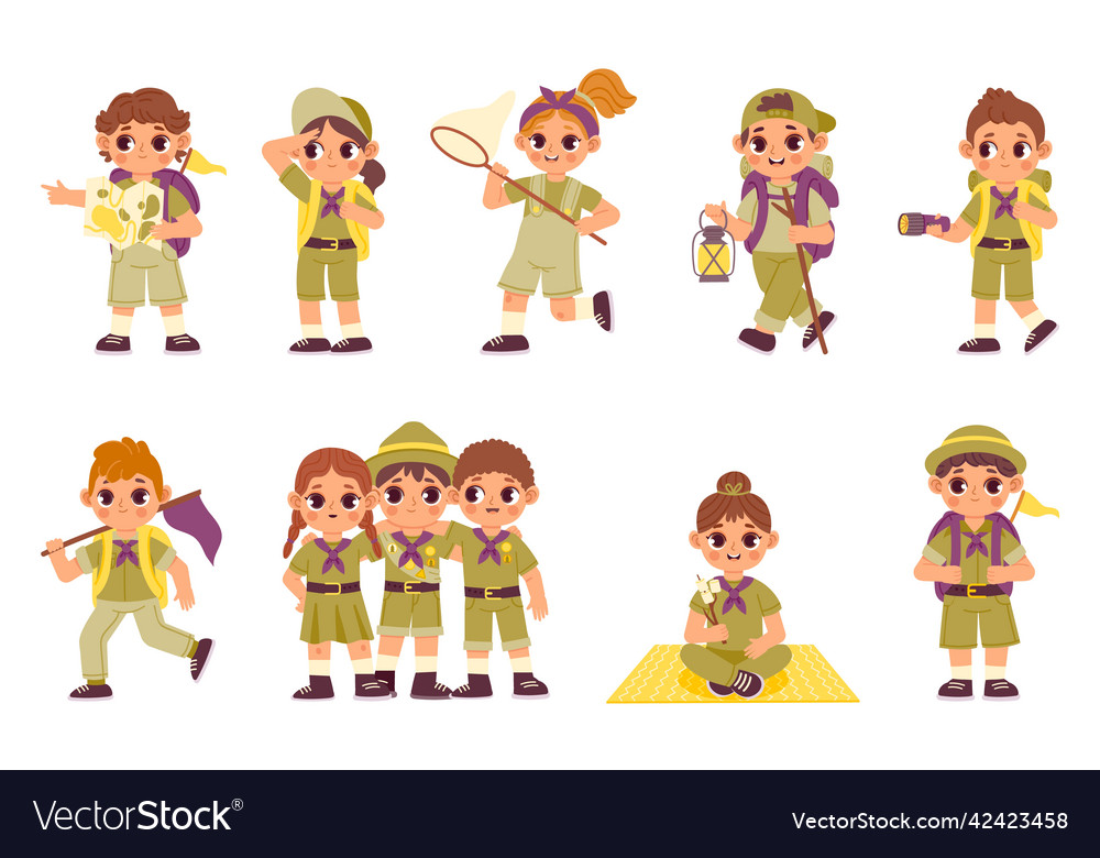 Kids in scout camp cartoon boys and girl Vector Image