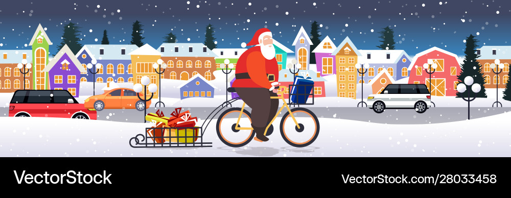 Santa claus riding bicycle with gift boxes Vector Image