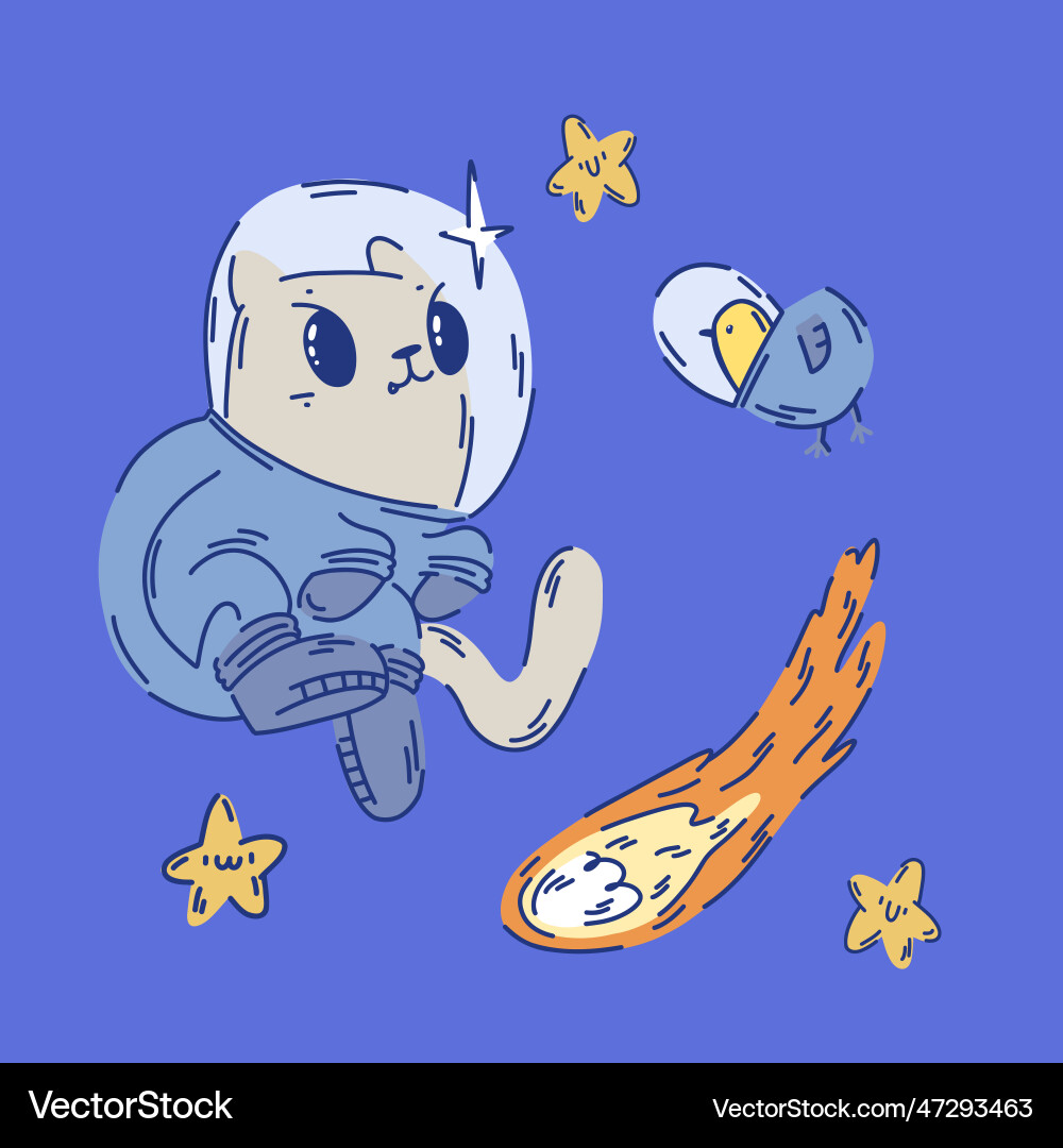 Space set with cute cat and chicken in spacesuits Vector Image