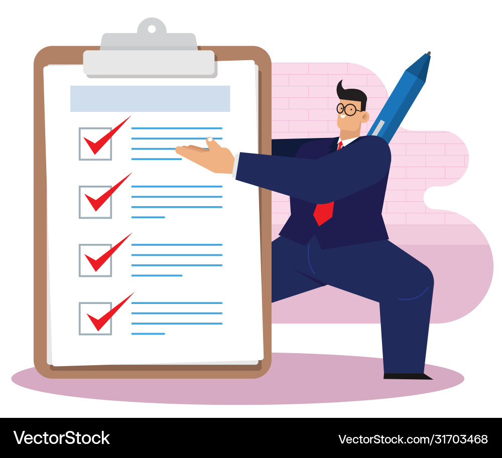 A businessman with giant pen for checking Vector Image