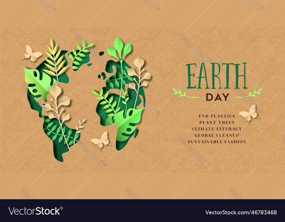 Earth day green world in paper cut plant leaf Vector Image