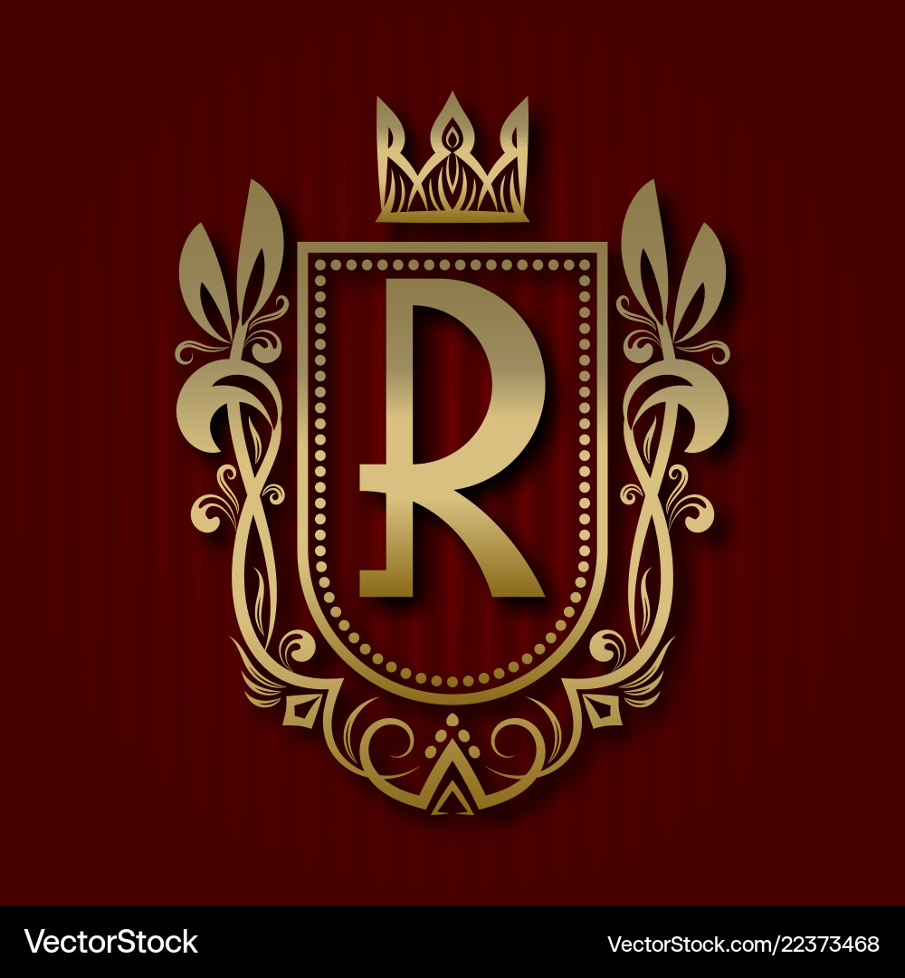 Golden royal coat arms r monogram Royalty Free Vector Image