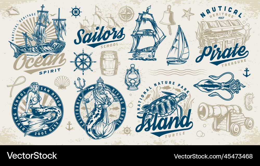 Nautical world set stickers colorful Royalty Free Vector