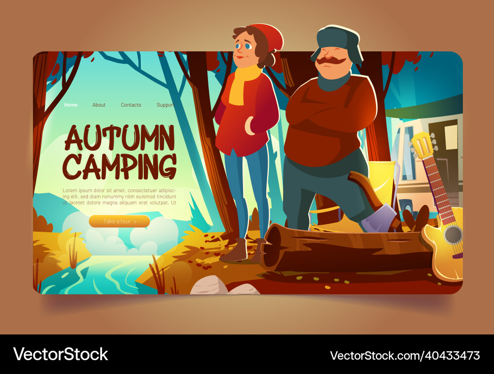 Autumn camping website with forest and brook Vector Image