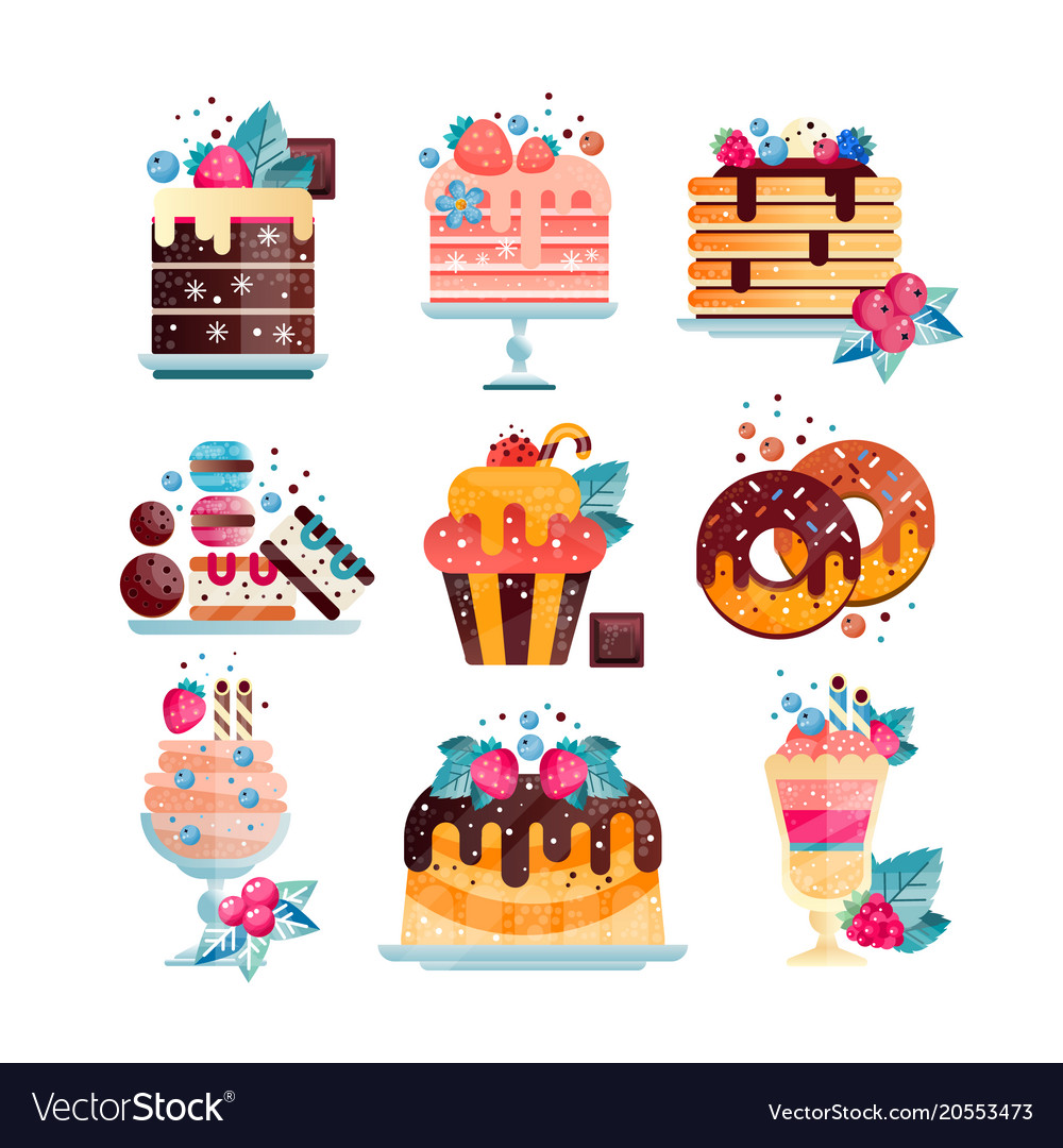 Flat set various tasty desserts Royalty Free Vector Image