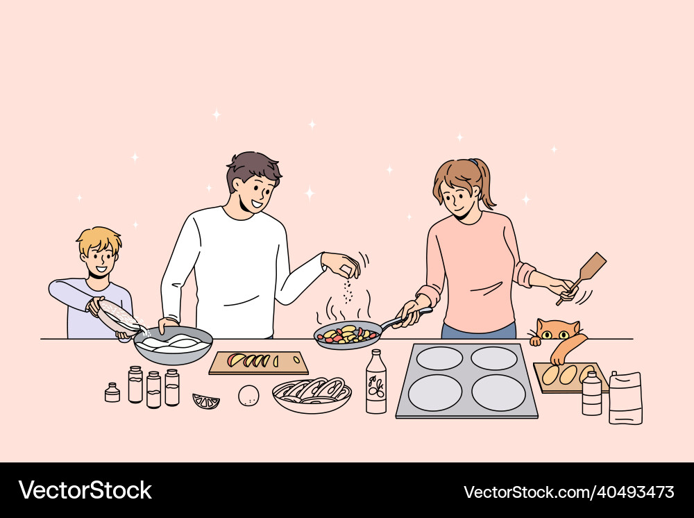 Happy family with kid cooking food in kitchen Vector Image
