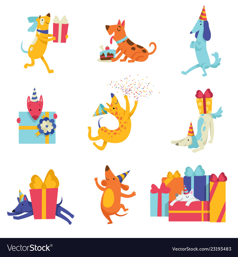 Collection cute dogs in party hats with gift Vector Image