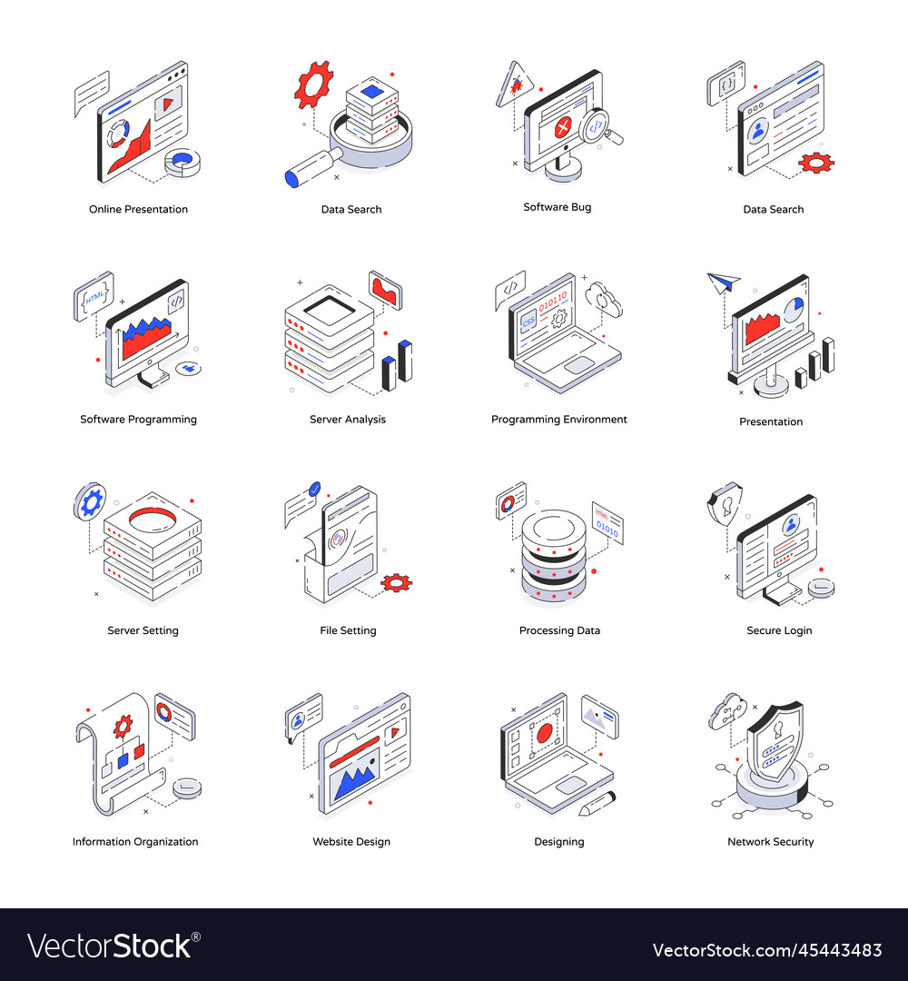 Pack of web services isometric icons Royalty Free Vector
