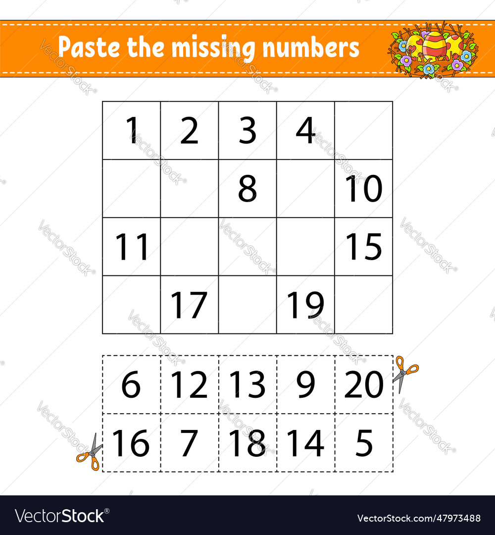 Paste the missing numbers 1-20 game for children Vector Image