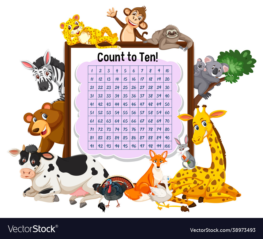 Counting number 1-100 board with wild animals Vector Image