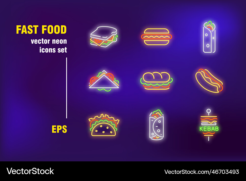 Fast food neon signs set Royalty Free Vector Image