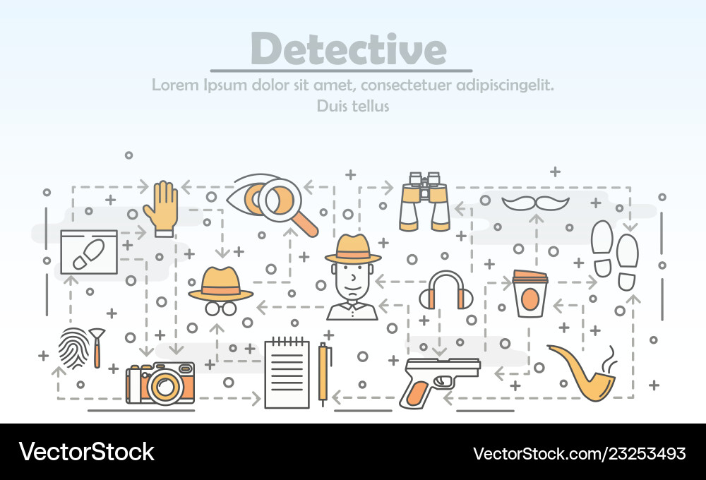 Thin line art detective poster banner Royalty Free Vector
