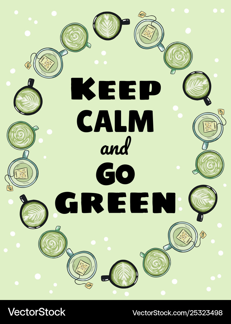 Keep calm and go green poster cups tea Royalty Free Vector
