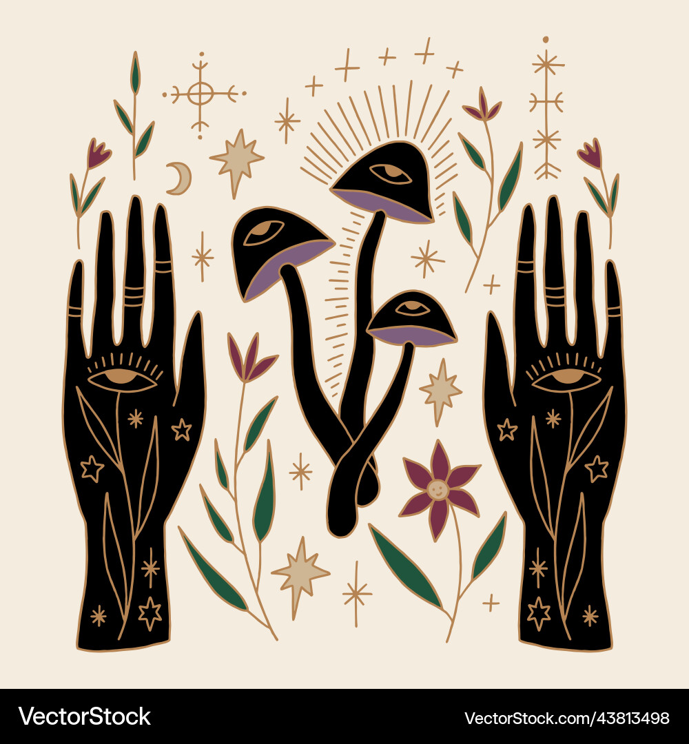 Witchcraft symbols celestial hands and mushrooms Vector Image