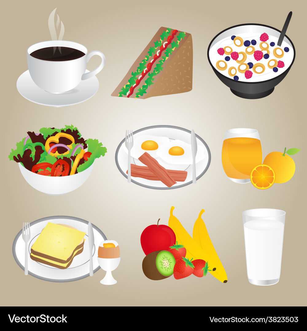 Healthy foods and breakfast set Royalty Free Vector Image