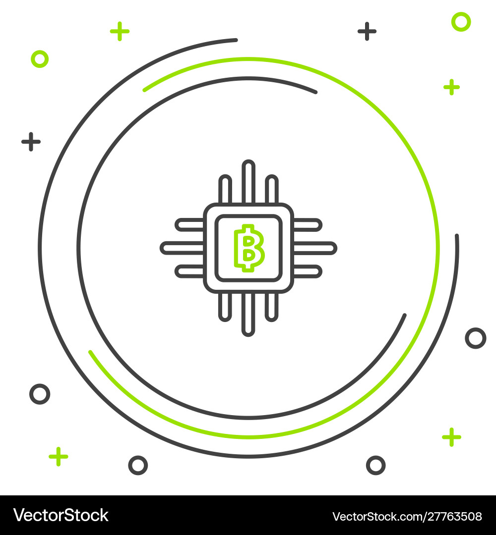 Black and green line cpu mining farm icon on white