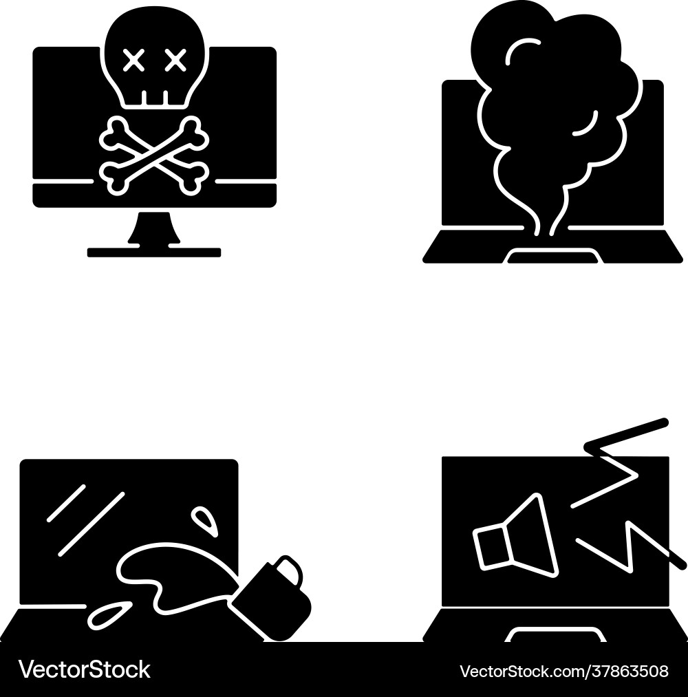 Broken laptop black glyph icons set on white space