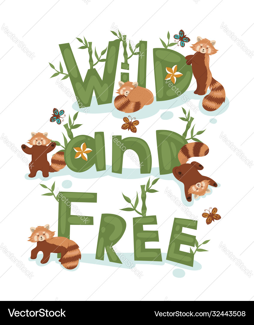 Poster with red pandas and words wild Royalty Free Vector