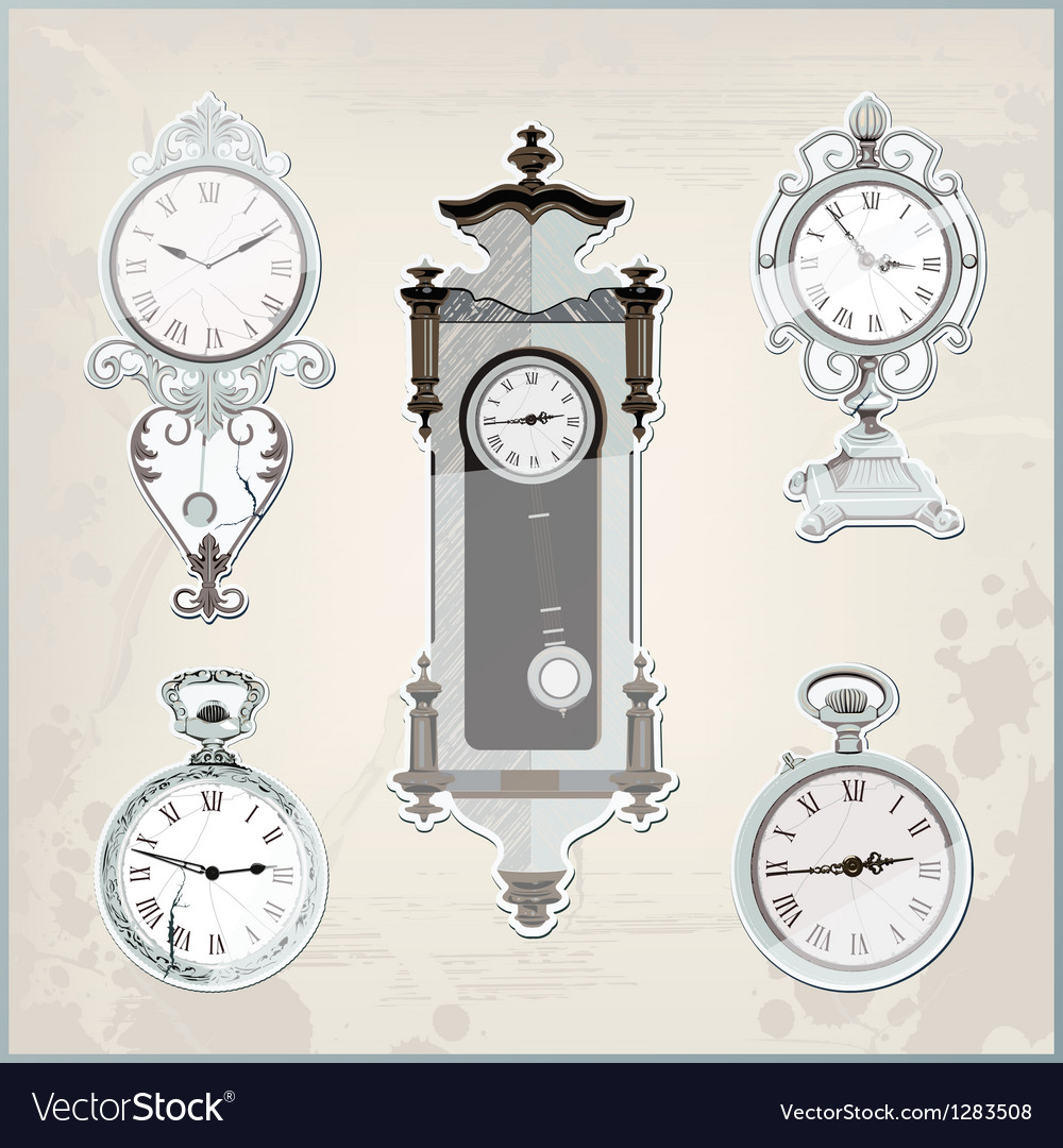 Set many vintage retro clocks Royalty Free Vector Image