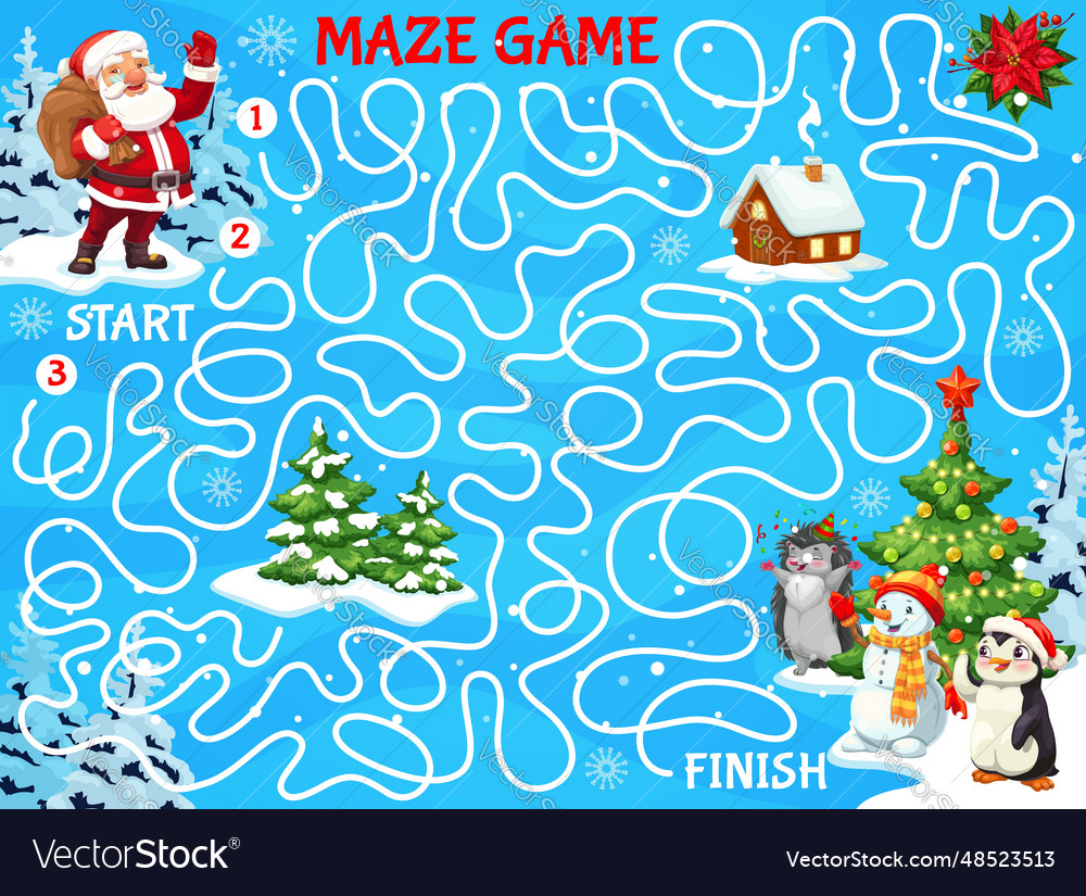 Christmas labyrinth maze help santa find animal Vector Image