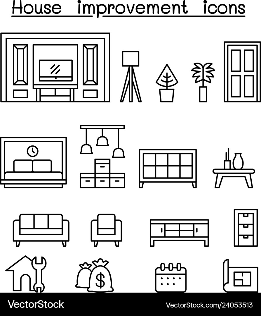 Furnitures home decorate items icon set in thin Vector Image