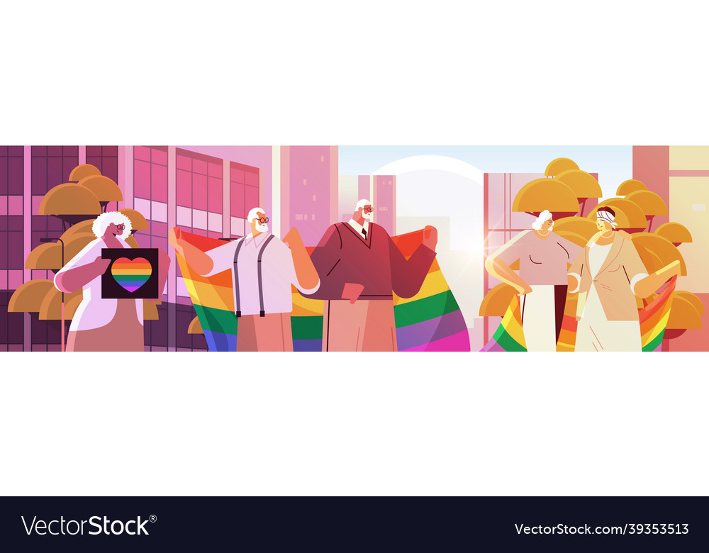 Mix race senior people holding lgbt rainbow flags Vector Image