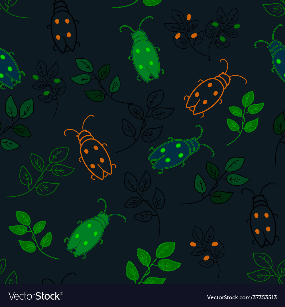 Seamless pattern with glowing beetles Royalty Free Vector