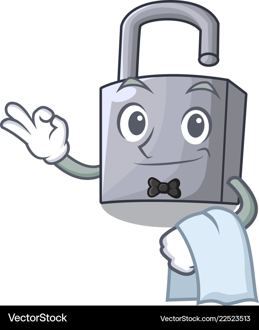 Waiter unlocking padlock on the cartoon gate Vector Image